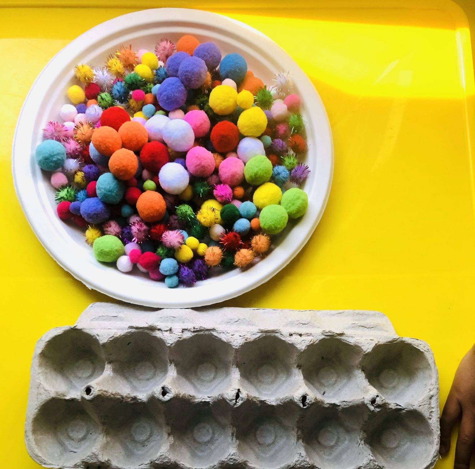 TODDLER ACTIVITIES: COLOR SORTING POM POMS | Totally MOM-Sense